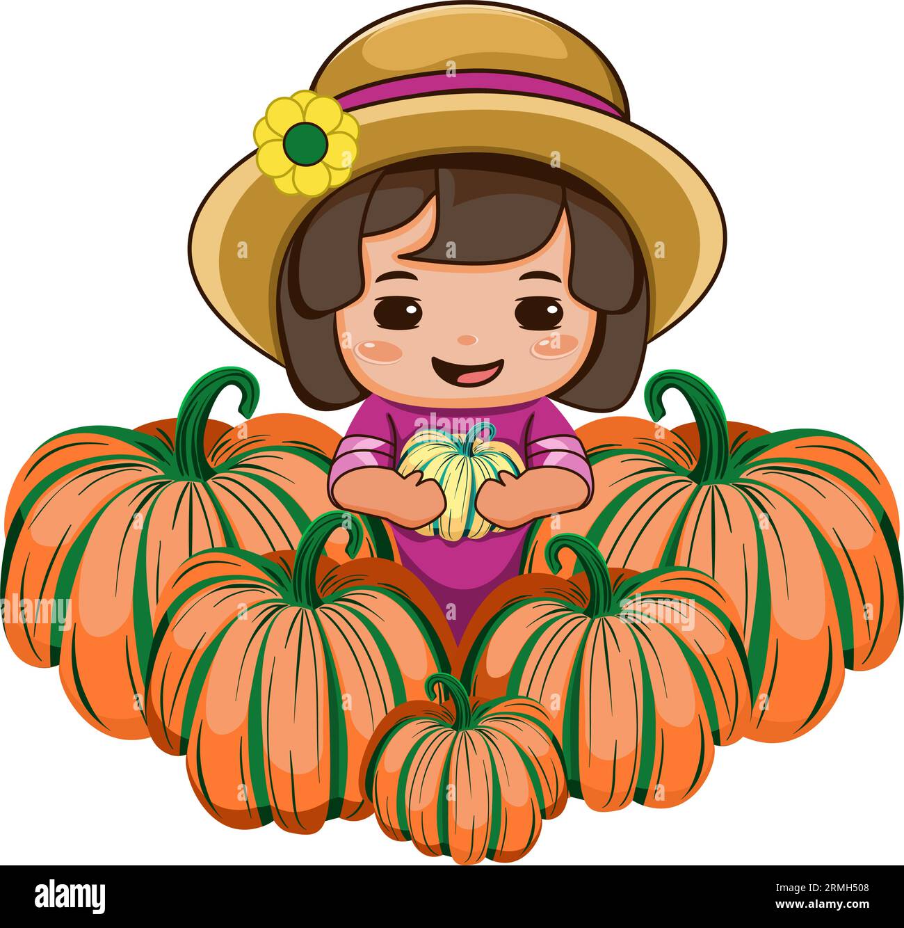 Little girl in the hat with pumpkins vector illustration Stock Vector ...