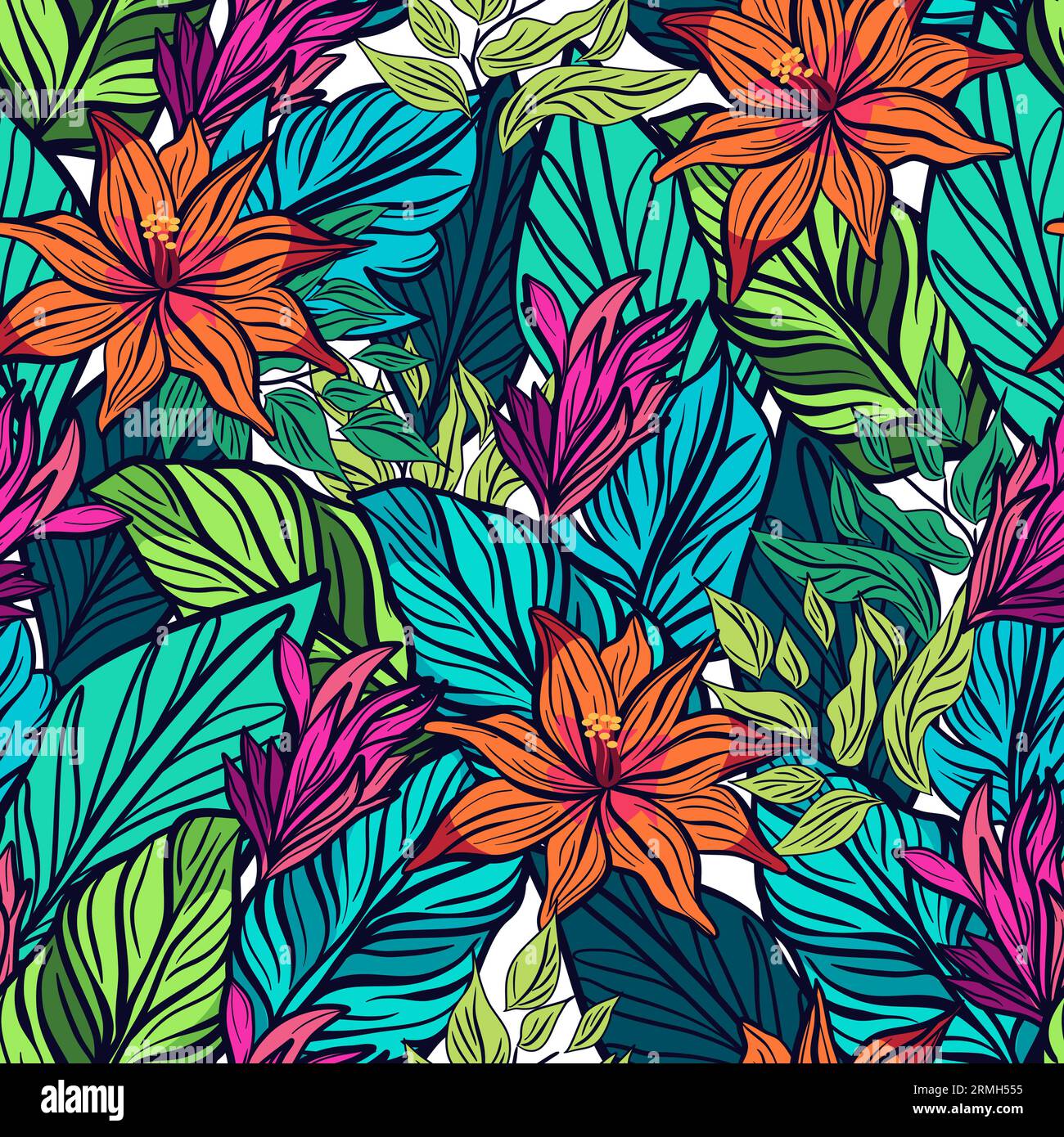Seamless botanical pattern with tropical leaves and flowers vector illustration O Stock Vector ...