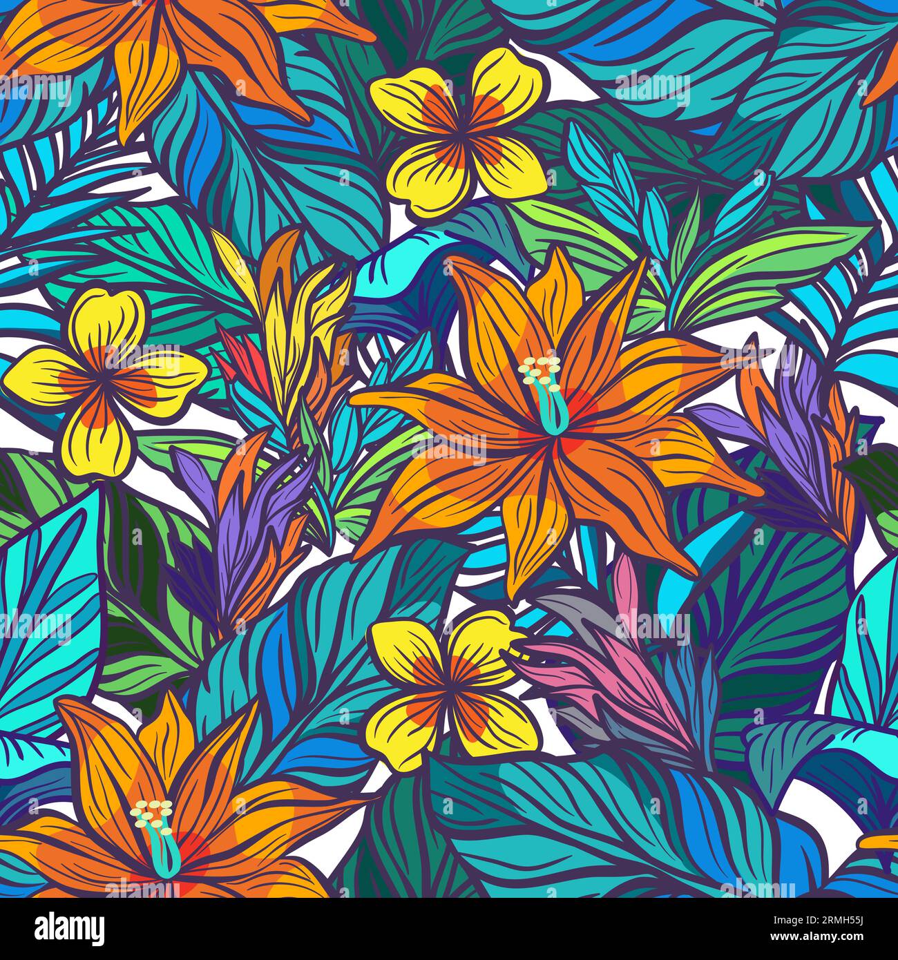 Seamless tropical pattern with flowers and leaves in doodle technique ...