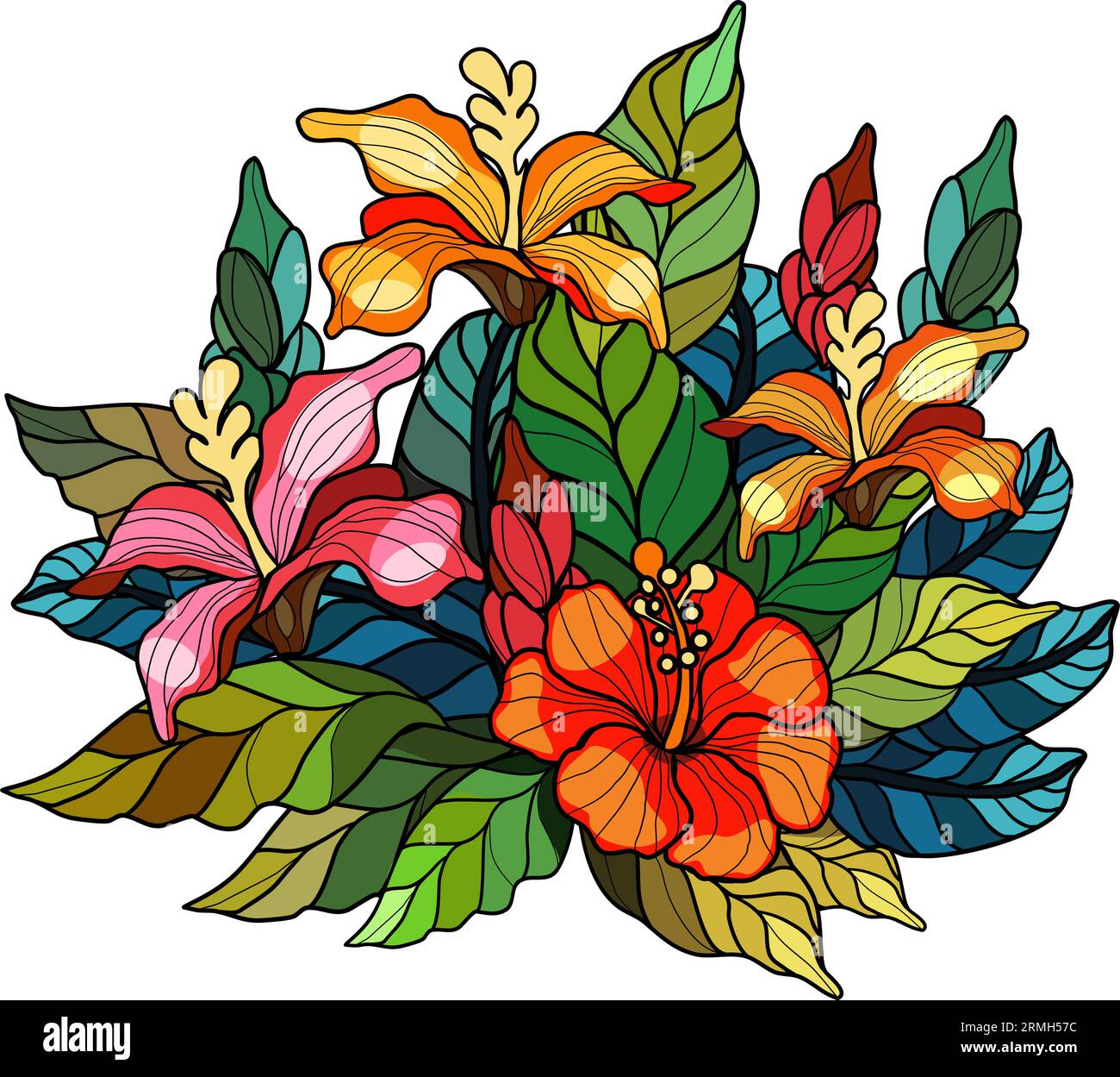 Hibiscus flowers and leaves in stained glass technique vector ...