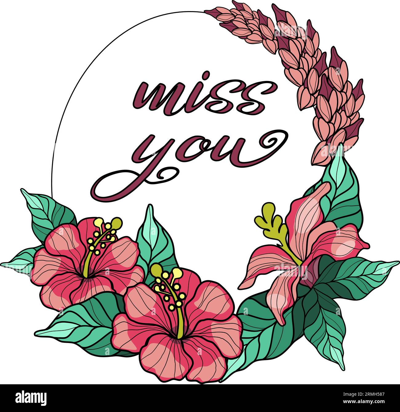 Miss you frame with hibiscus flowers and leaves. Greeting card vector ...