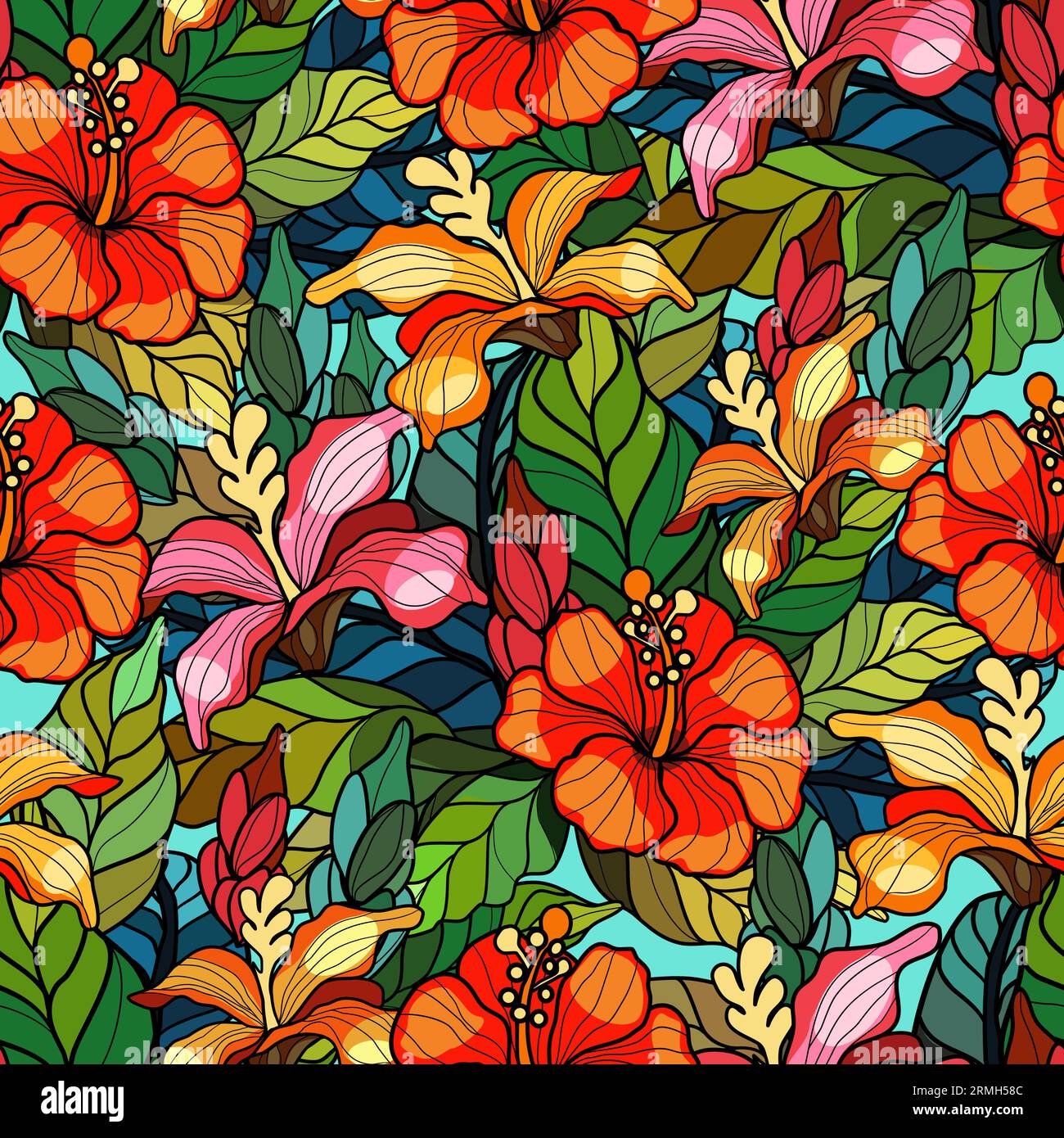 Seamless Floral Pattern With Hibiscus Flowers And Leaves In Stained