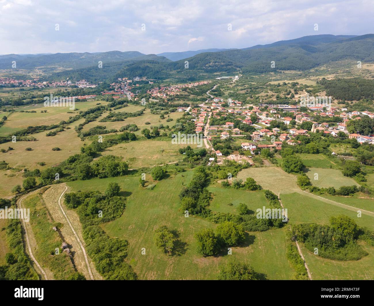 Aerial view of ruins of ancient Roman city Nicopolis ad Nestum near ...