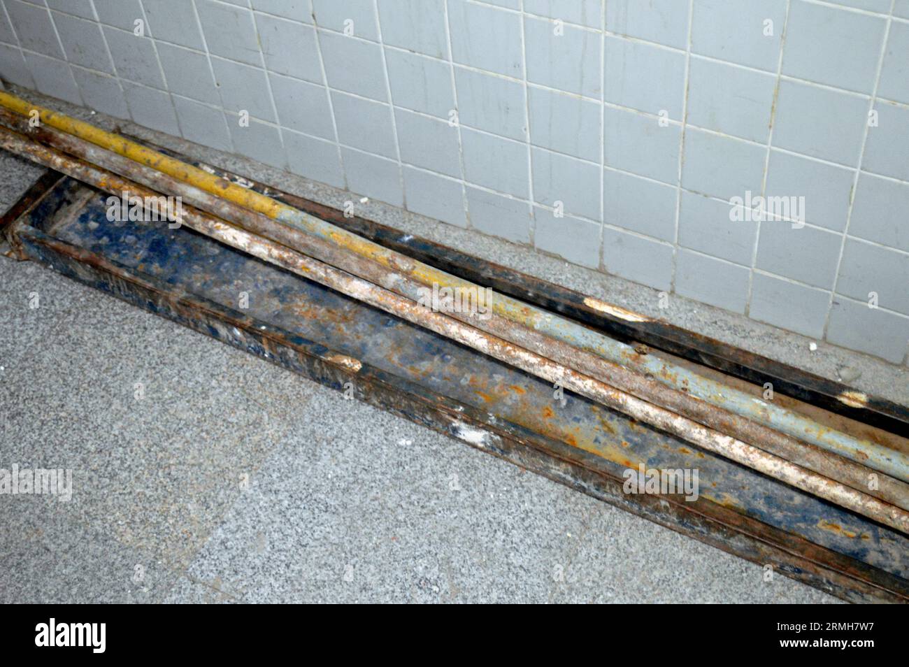 A disassembled metal scaffold, a temporary structure constructed using ...