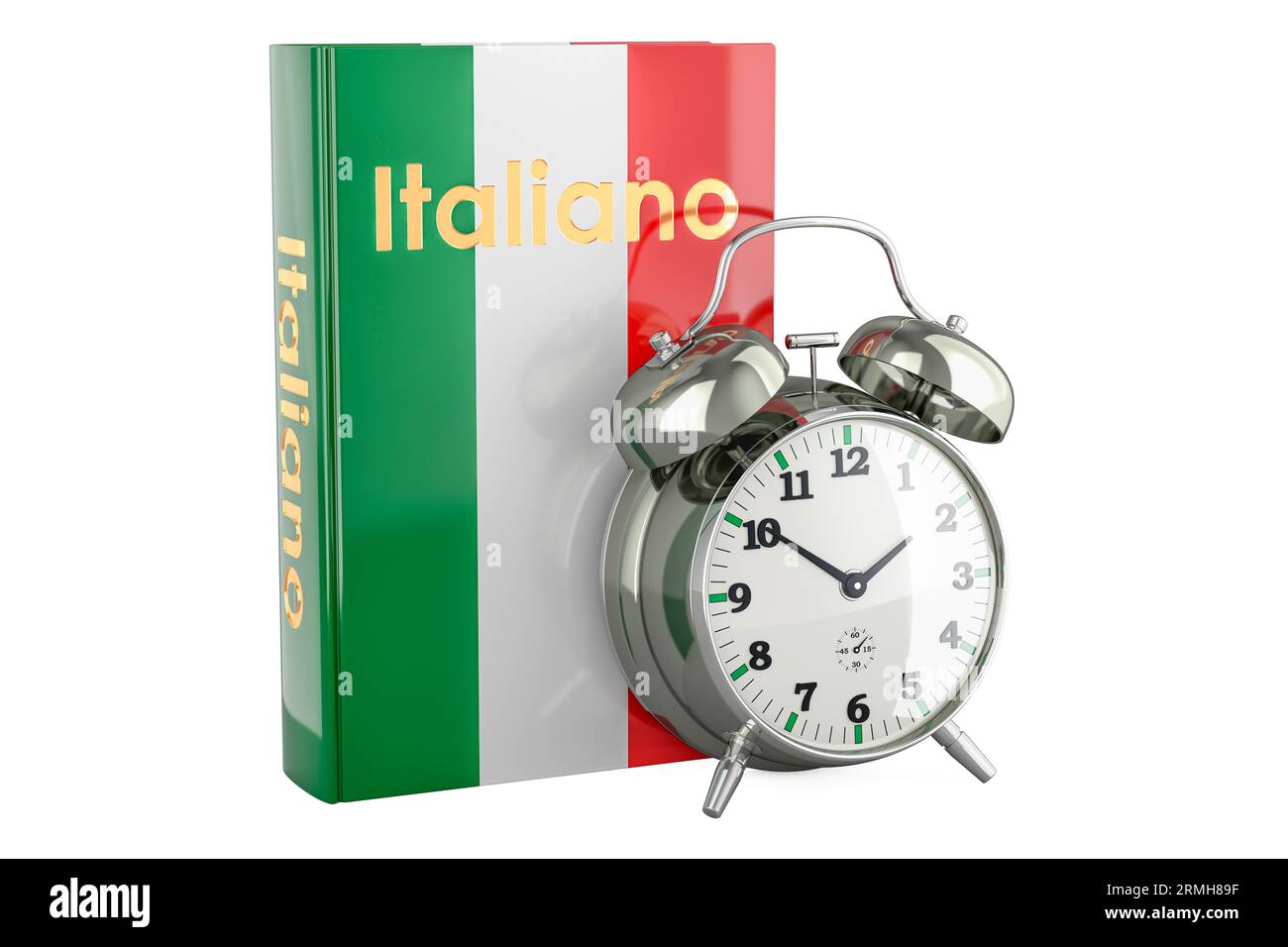 Italian language textbook with alarm clock. Time to learn Italian ...