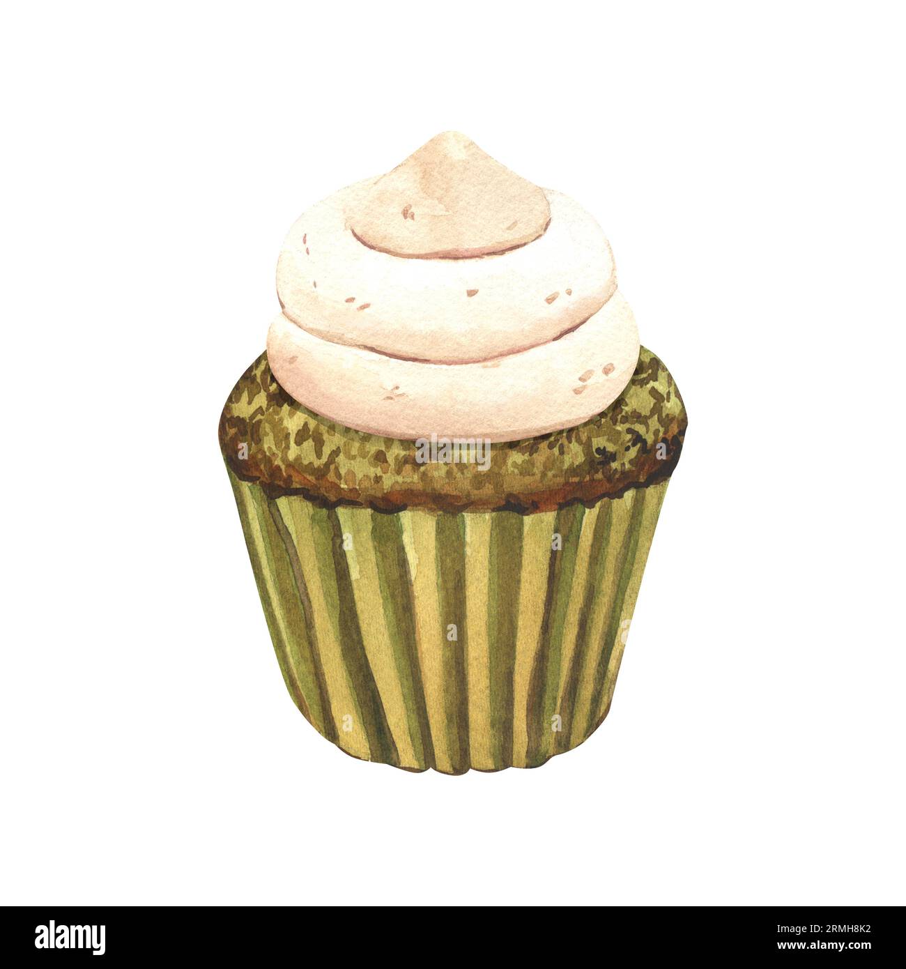 Watercolor Dessert Muffin With Cream Green Tea Cupcake Organic