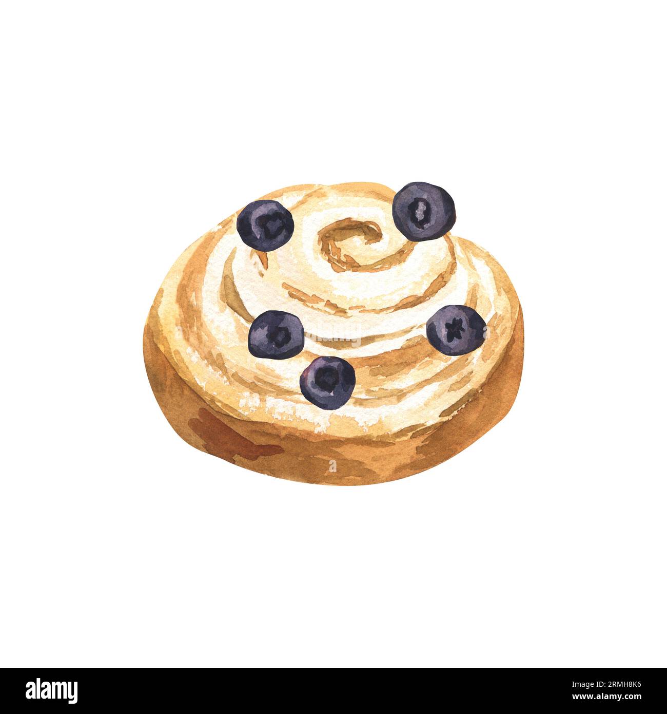 Watercolor dessert bun with blueberry, cupcake berry. Hand-drawn ...