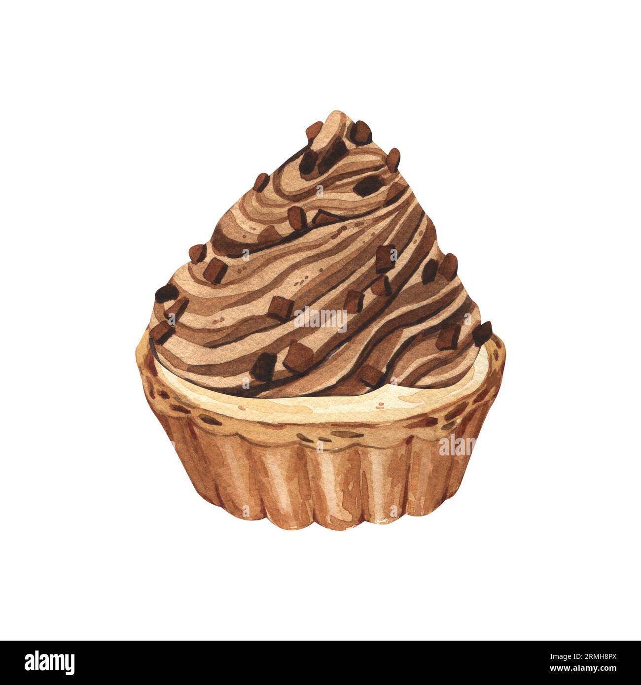 Watercolor dessert with sliced chocolate, baked tart with cream. Hand ...