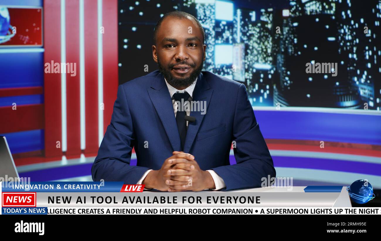 Man talk show host discuss modern events, presenting news of artificial ... Man talk show host discuss modern events, presenting news of artificial ...