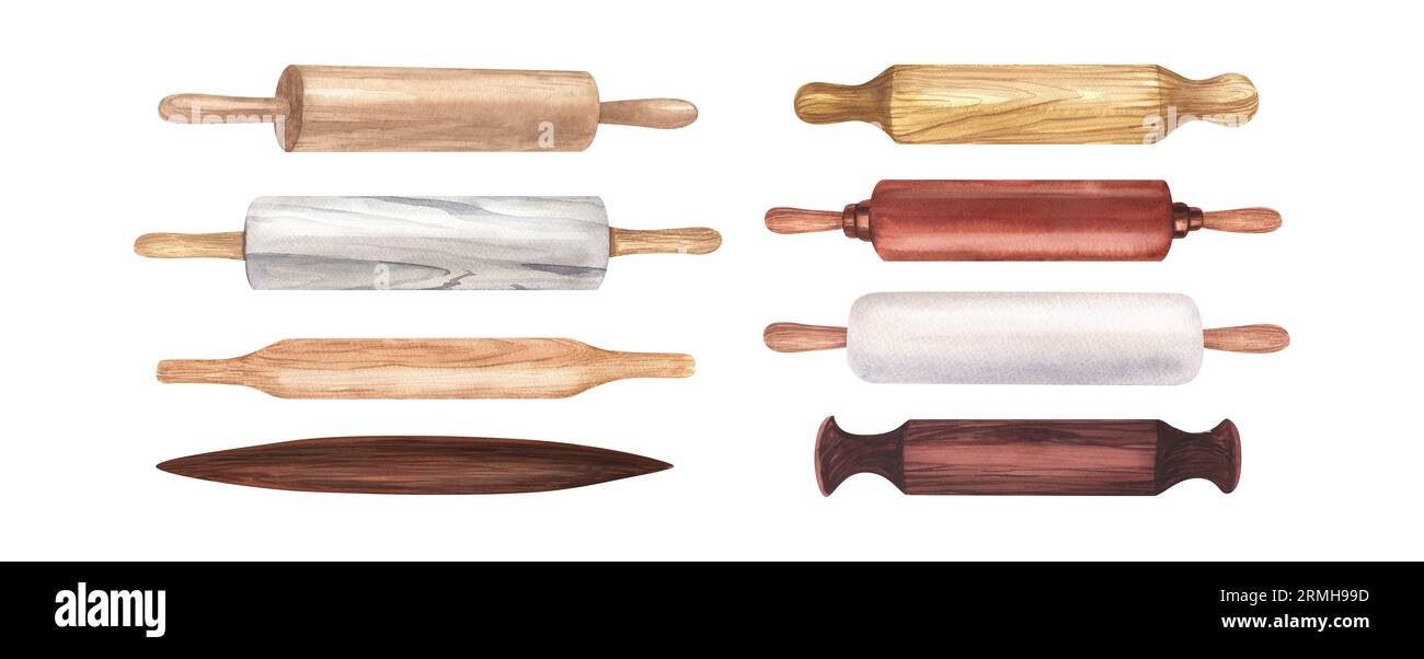 Watercolor kitchen rolling pin set, utensils clipart for bakery ...