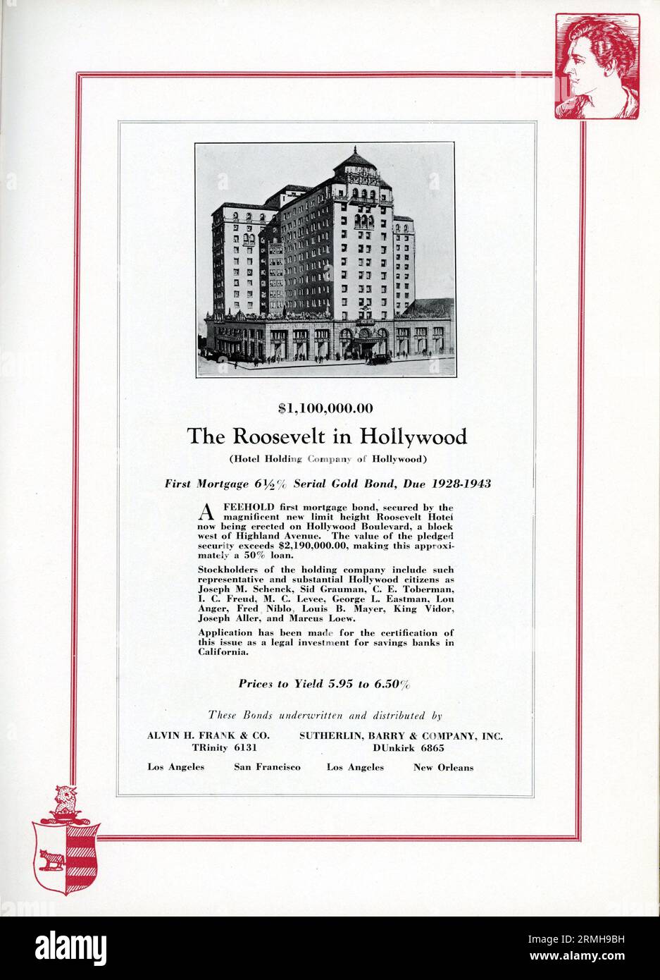 Ad for investment in The Roosevelt Hotel in Hollywood in premiere ...