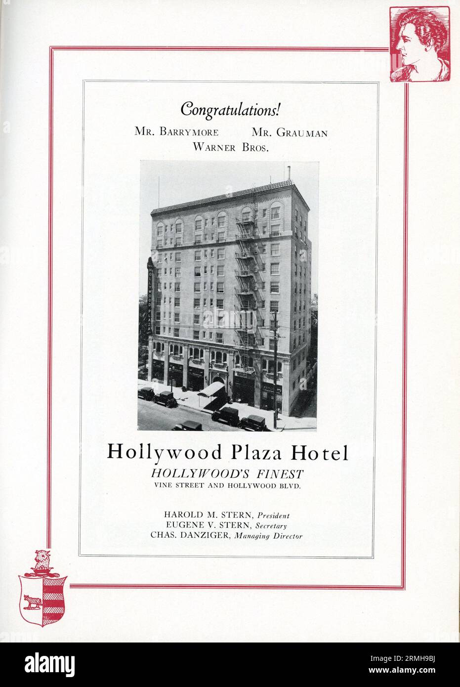 Ad for Hollywood Plaza Hotel in premiere programme for JOHN BARRYMORE ...