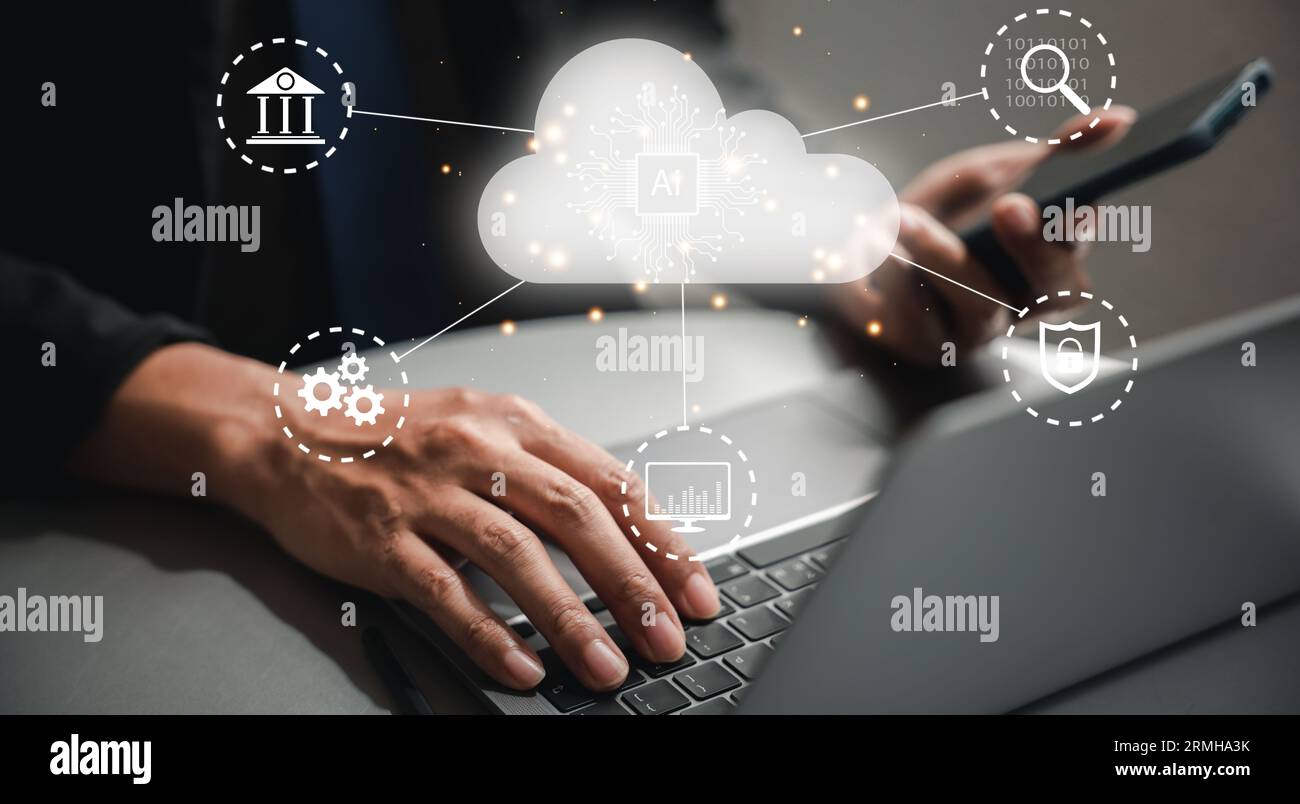 Virtual screen with cloud computing diagram displayed by a man Stock ...
