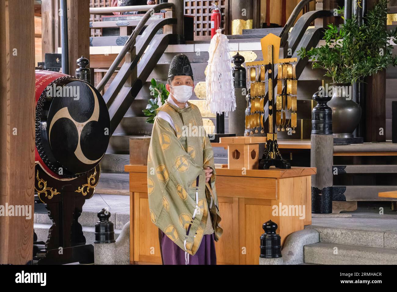 Japan, Fukuoka, Hakata. Shinto Priest Performing a Ceremony for a ...