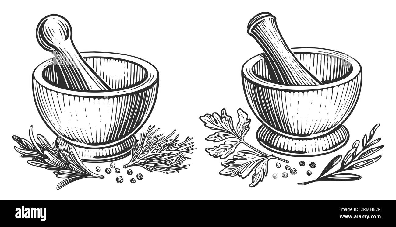 Mortar and pusher for herb grinding isolated on white background ...