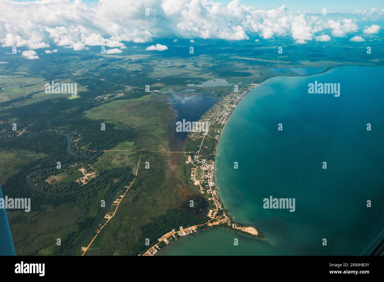 aerial view of Hopkins Village, a small town on the coast of Belize ...
