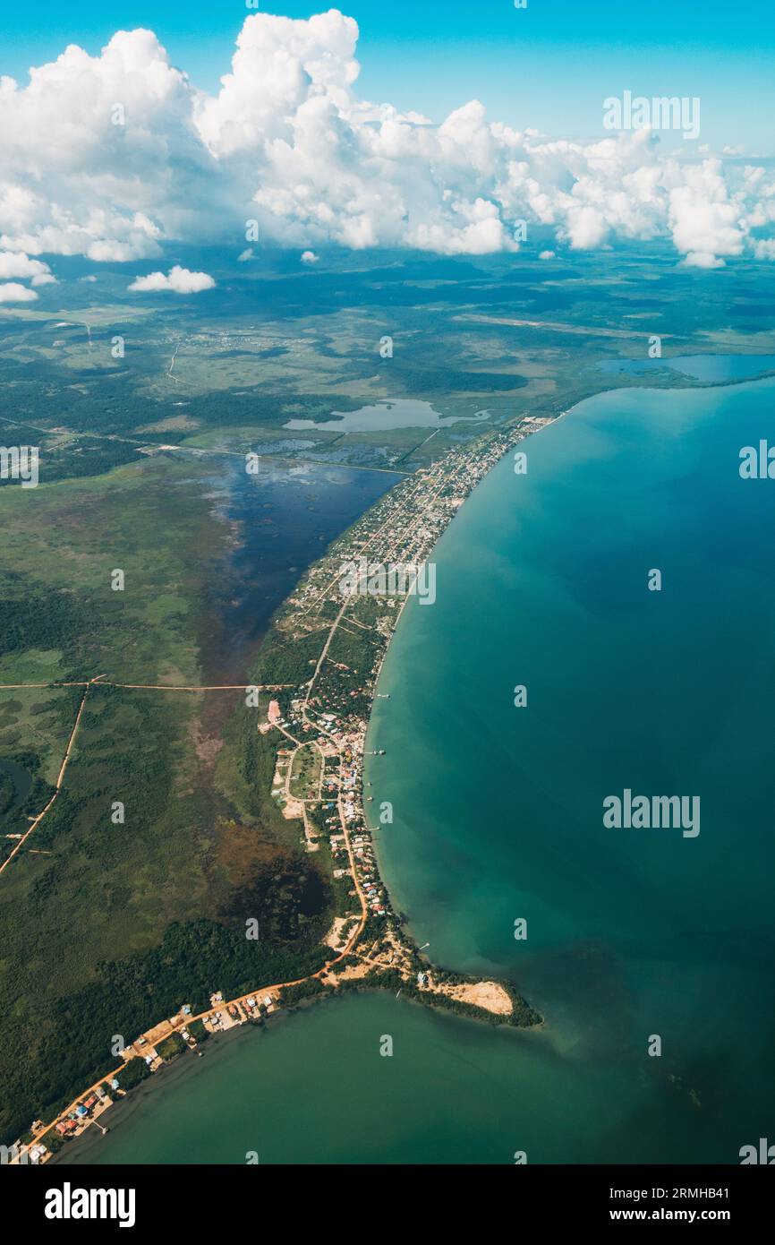 aerial view of Hopkins Village, a small town on the coast of Belize ...