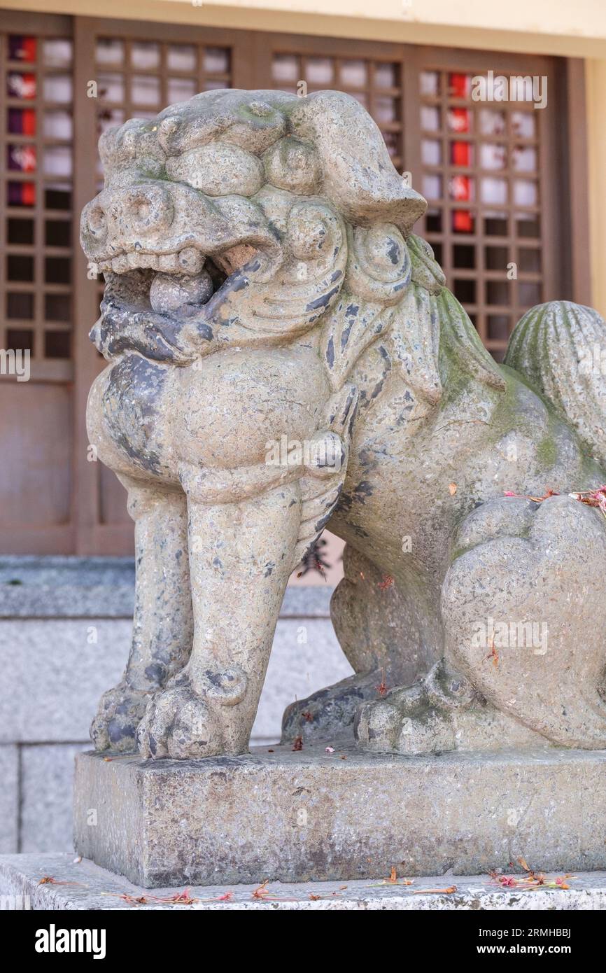 Japan, Fukuoka, Hakata. Kushida Shinto Shrine, Lion-dog Guardian, Mouth ...