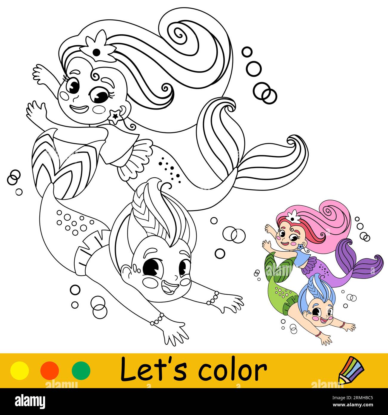 Cute and happy little boy and girl mermaid twins. Vector cartoon black ...