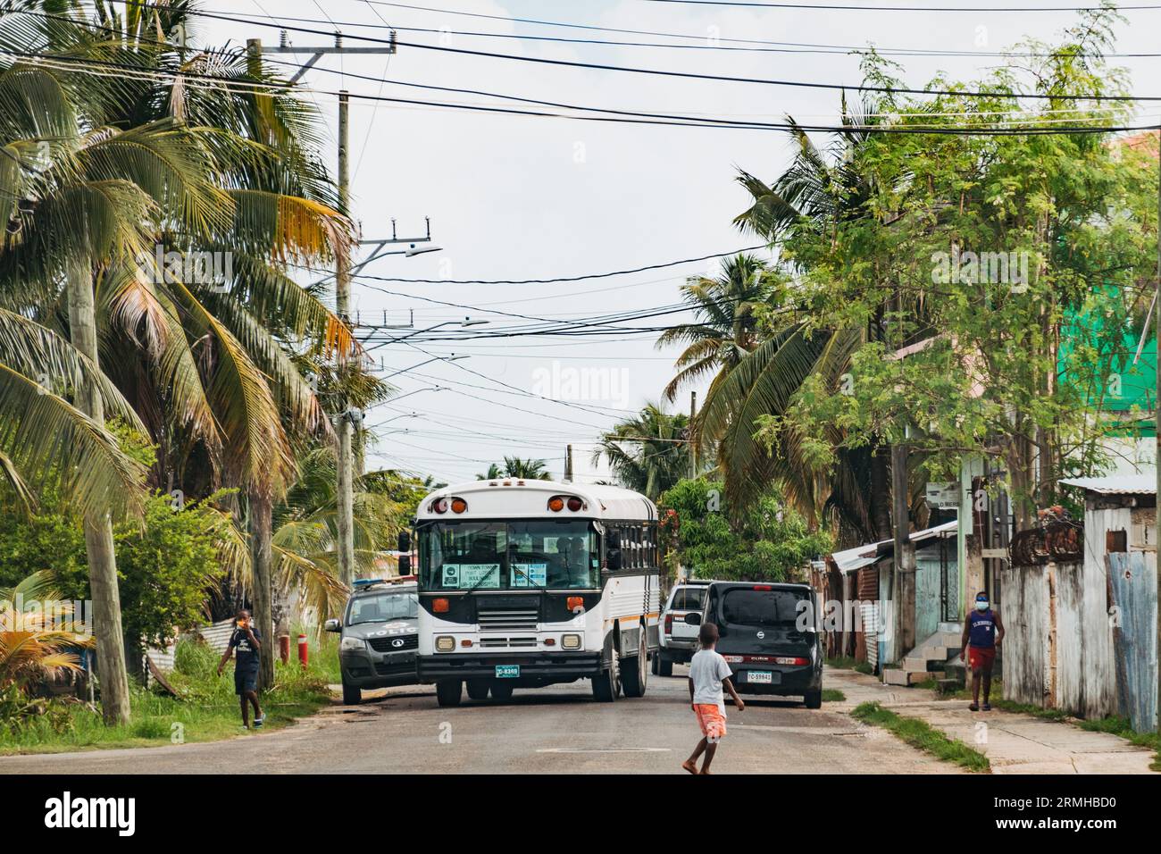 a bus makes its way down a suburban street in Belize City, Belize Stock ...