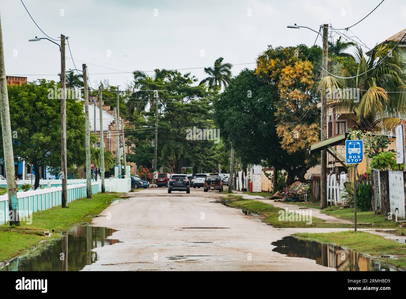 puddles on a wet residential street in Belize City, Belize Stock Photo ...