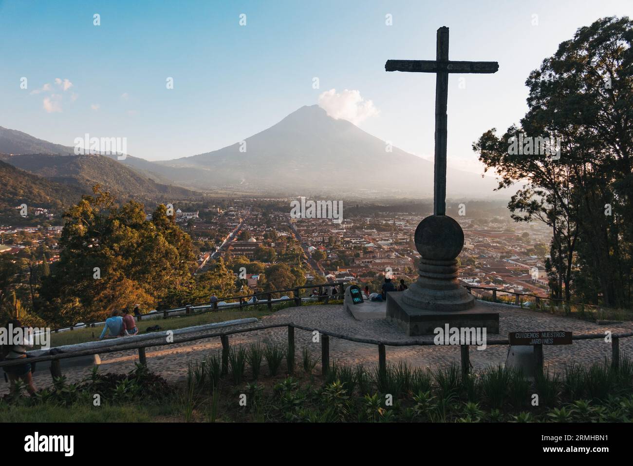 a view of the Agua Volcano from Hill of the Cross, a viewpoint with a ...