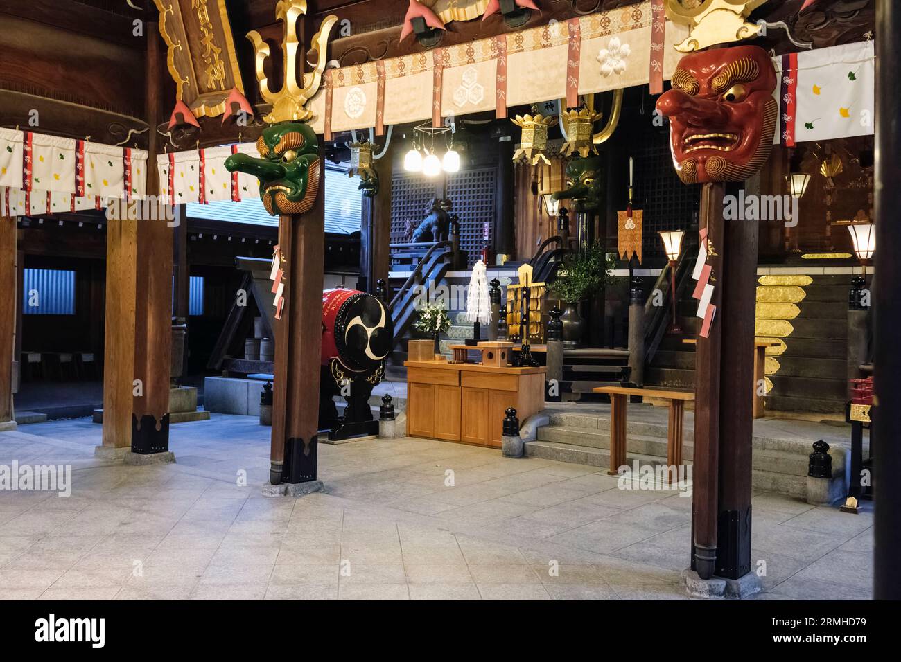 Japan, Fukuoka. Kushida Shinto Shrine with Tengu Masks, Looking toward ...