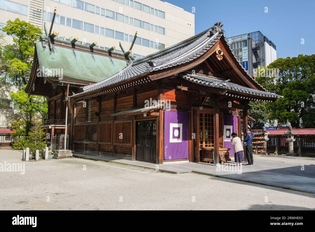 Japan, Fukuoka. Worshipper at Kego Shinto Shrine. Roof Shows Chigi V ...