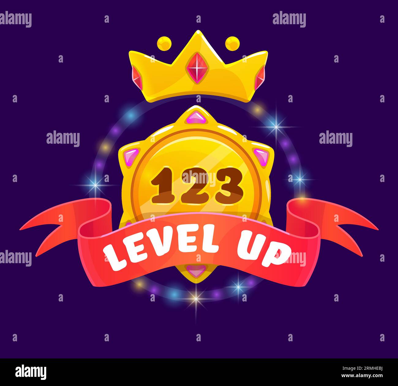 Game interface level up badge and win icon, UI award with golden crown ...
