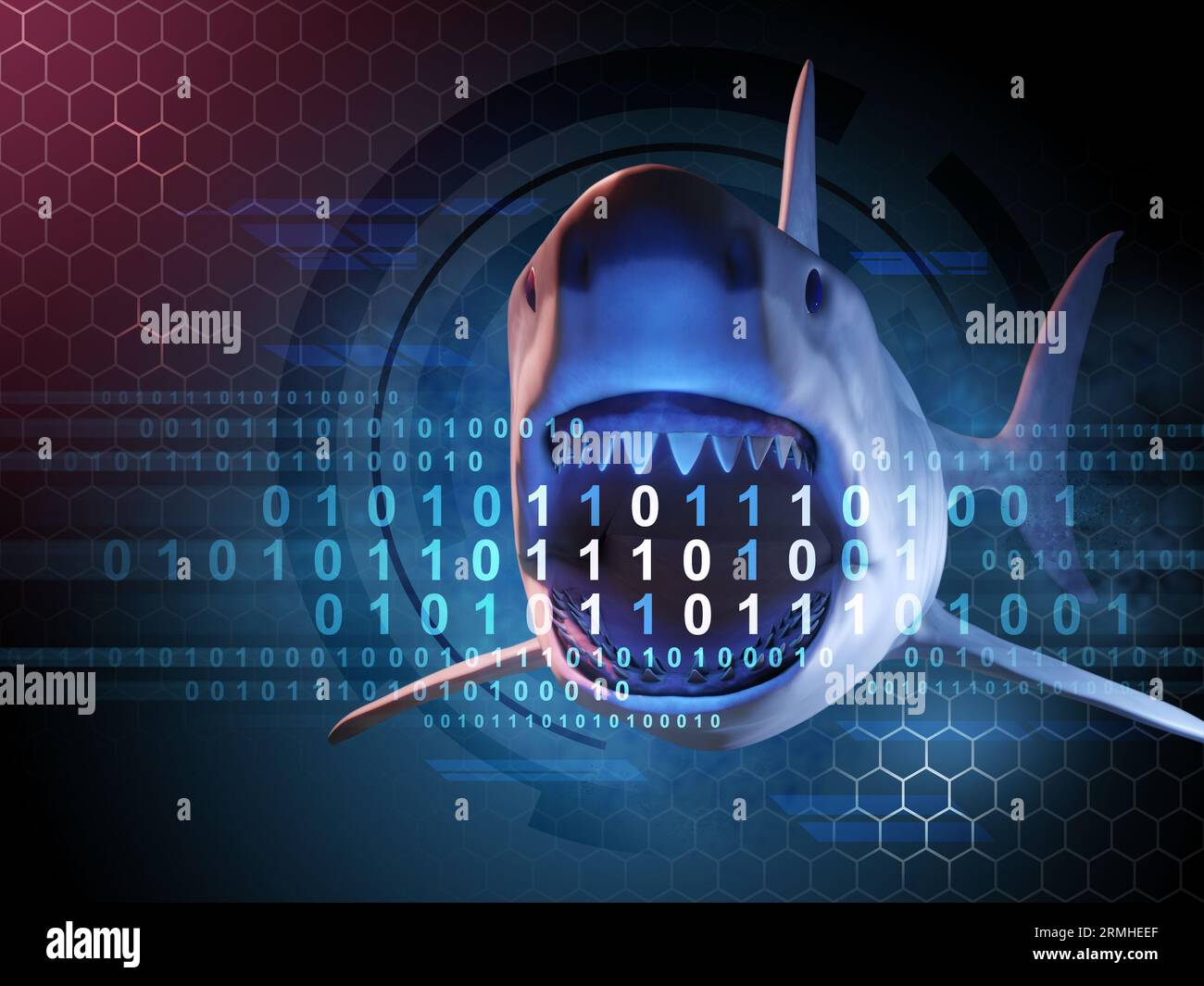 Hungry shark about to attack a stream of binary code. Conceptual image ...