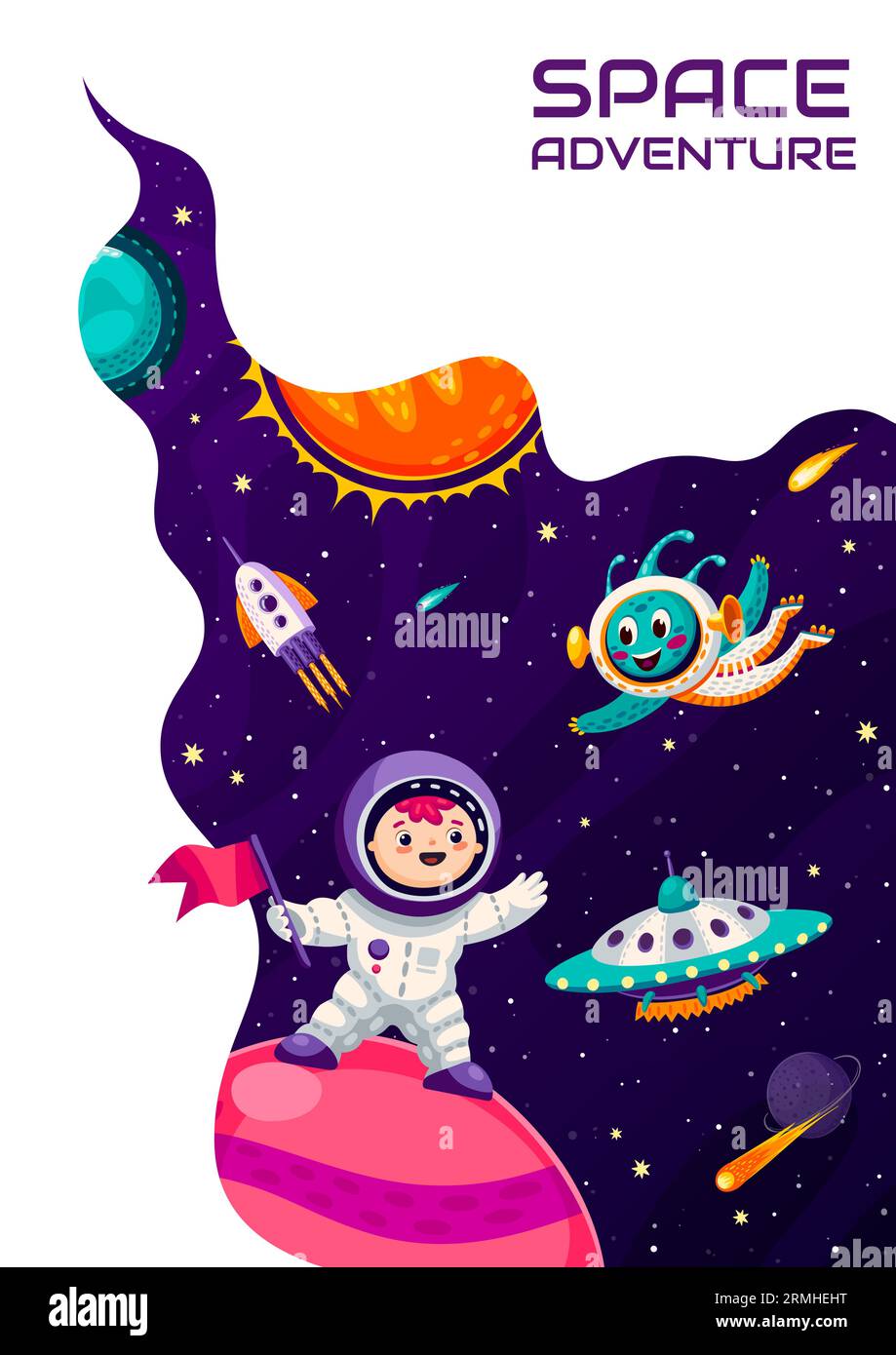 Space landing page. Cartoon kid astronaut on planet surface and alien ...