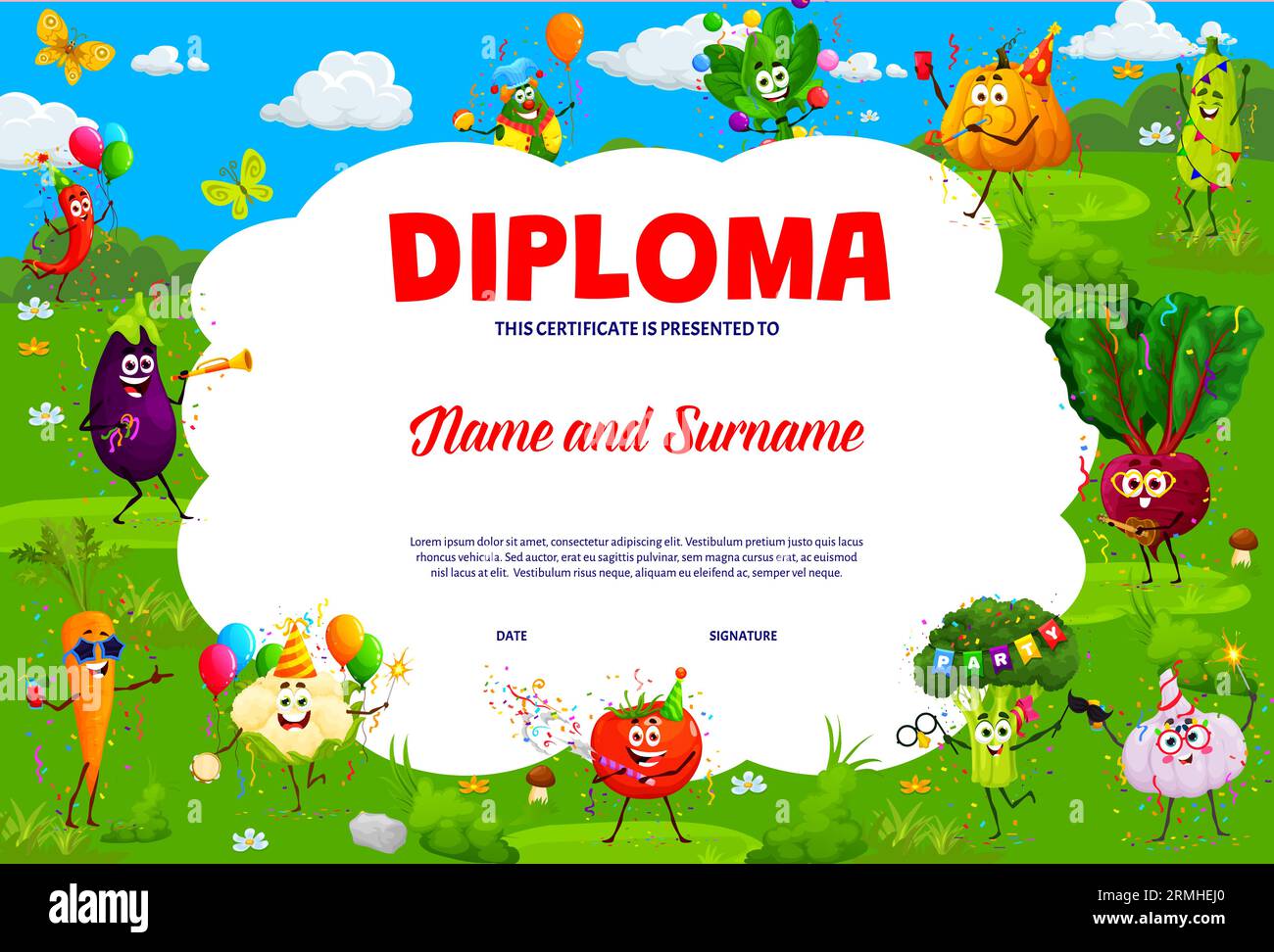 Kids diploma. Cartoon vegetable characters on holiday, school education ...