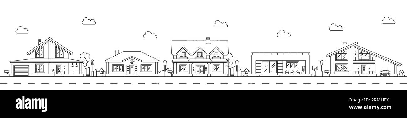 Neighborhood line art, city houses and town buildings on street, vector ...
