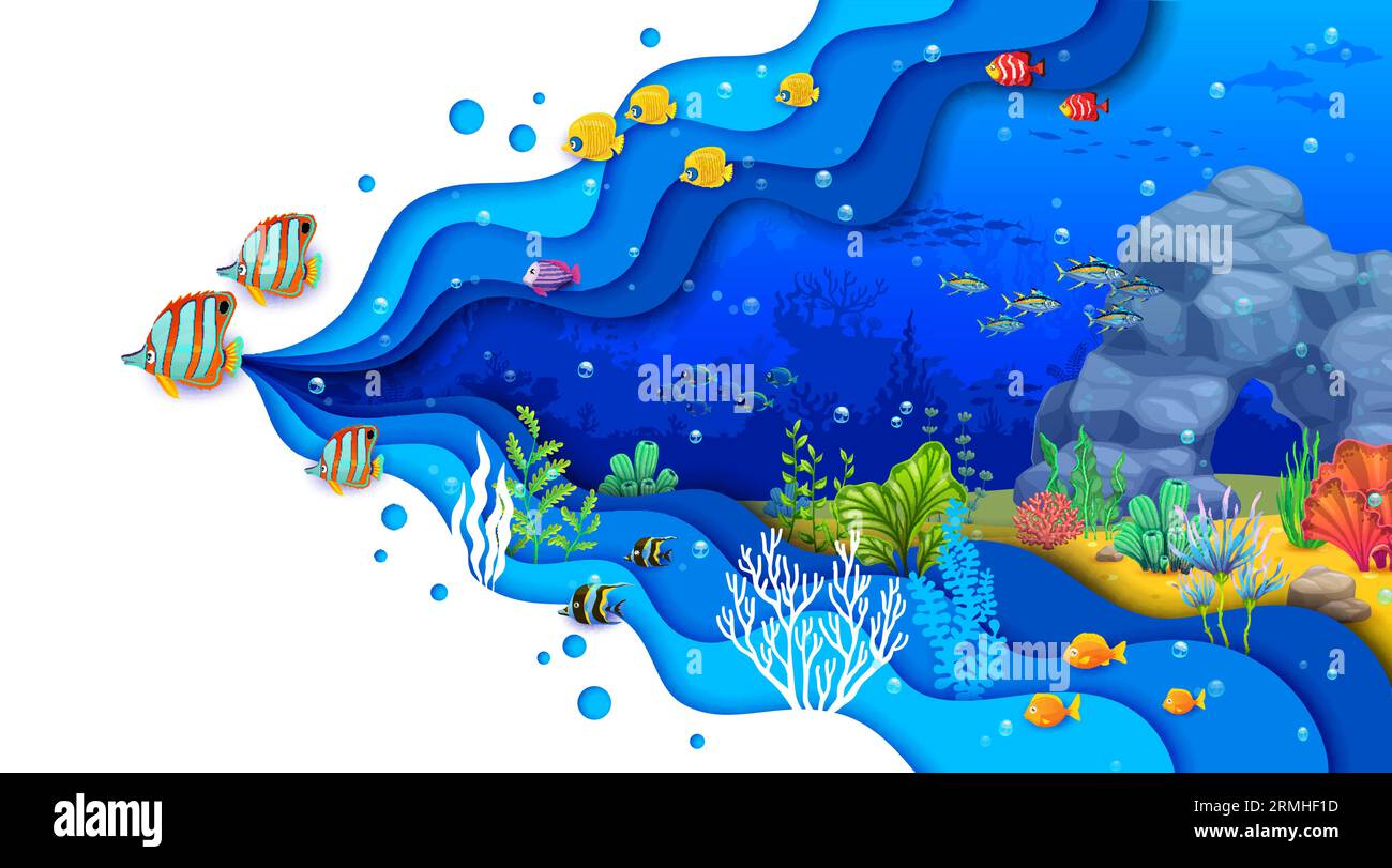 Cartoon tropical sea paper cut underwater landscape. Bright fish and ...
