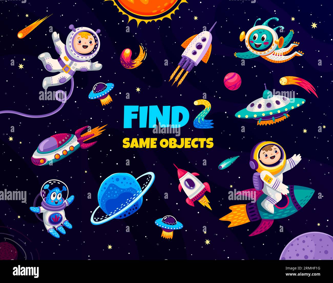 Find two same objects in galaxy space, kids game worksheet or puzzle ...