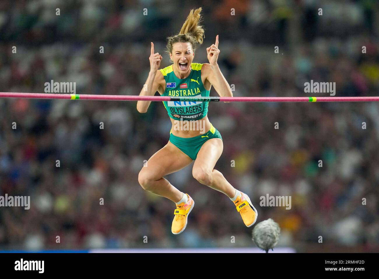 Nicola Olyslagers, of Australia, reacts in the Women's high jump final ...