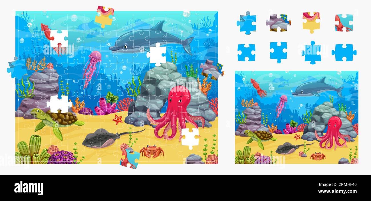 Cartoon sea underwater landscape. Jigsaw puzzle game pieces. Figure ...