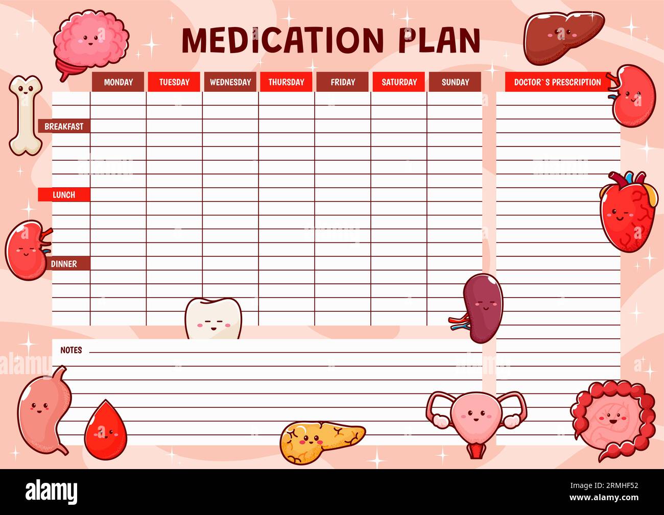Weekly medication plan. Planner with human body organ characters ...