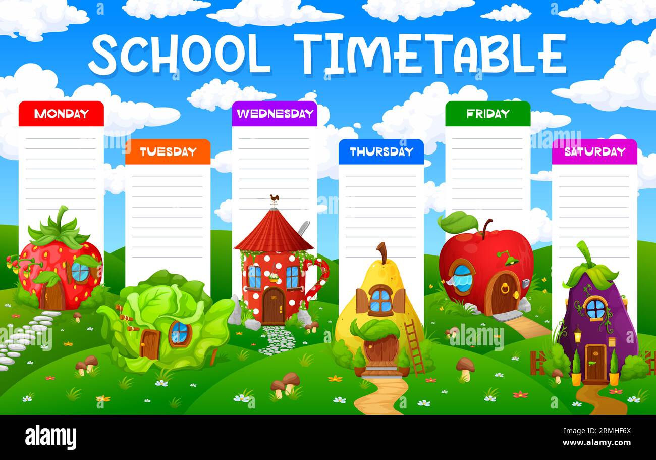 Cartoon fairytale houses village with timetable schedule, vector school ...