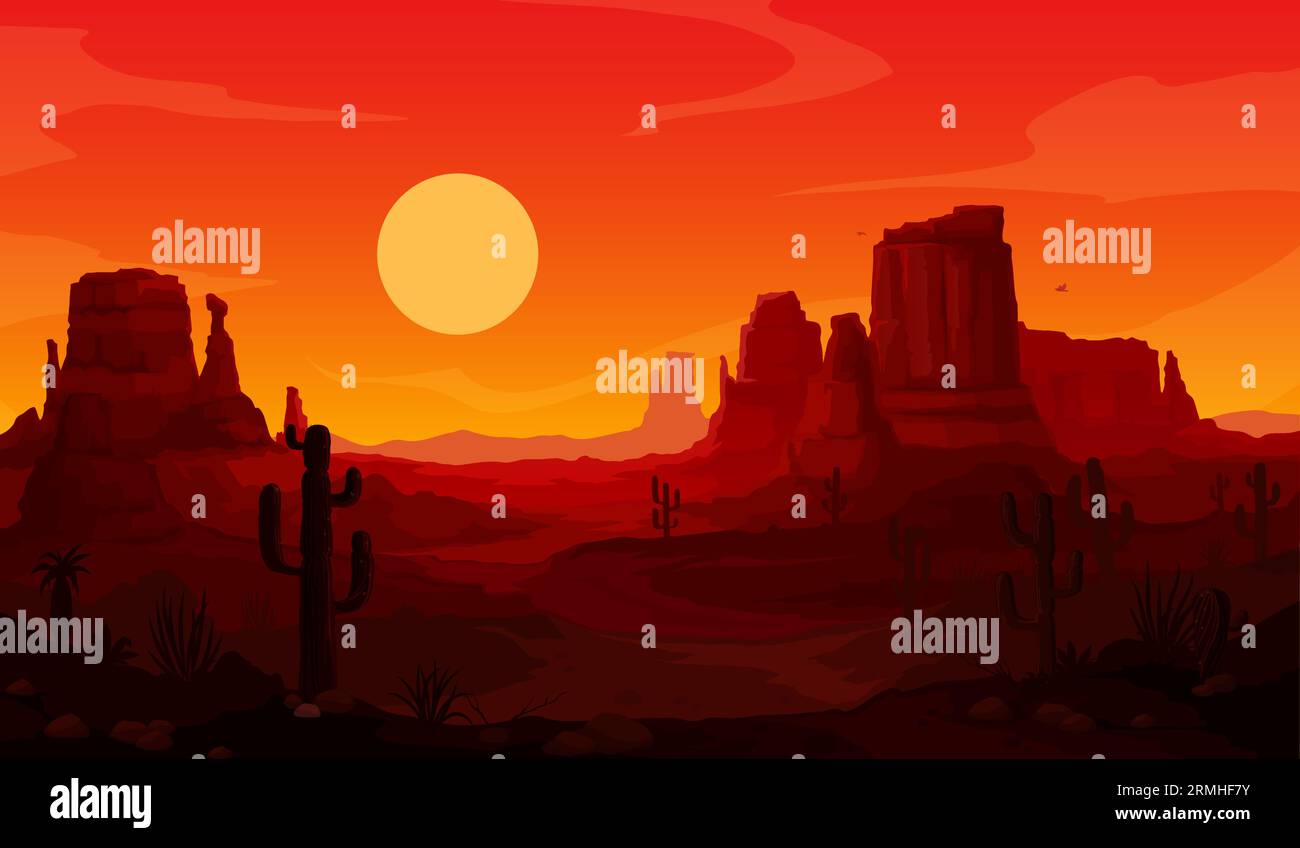 Evening sunset mexican desert landscape with cactus and flying eagle ...