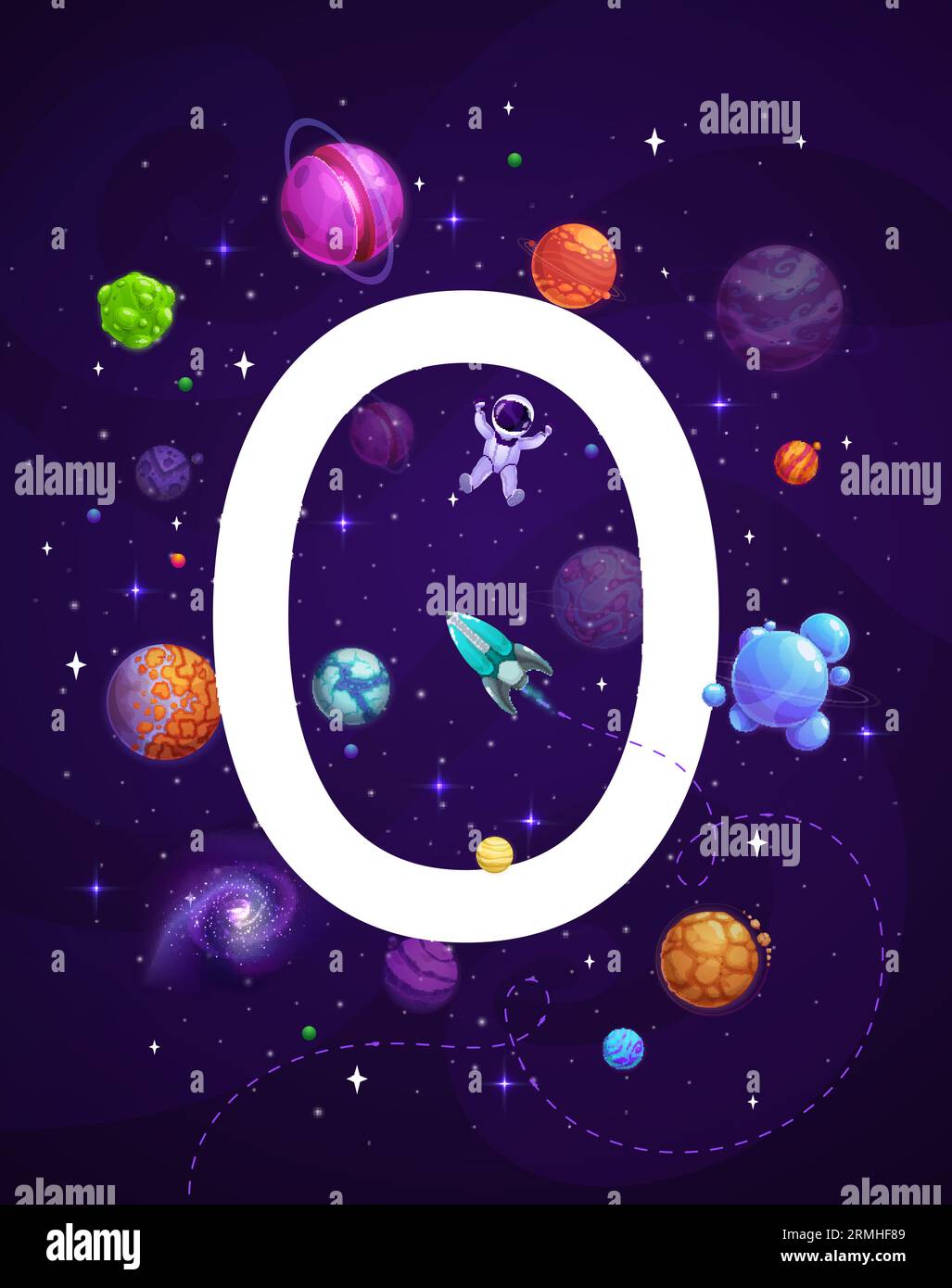 Cartoon space letter O font of vector kids alphabet. Astronaut, rocket ...