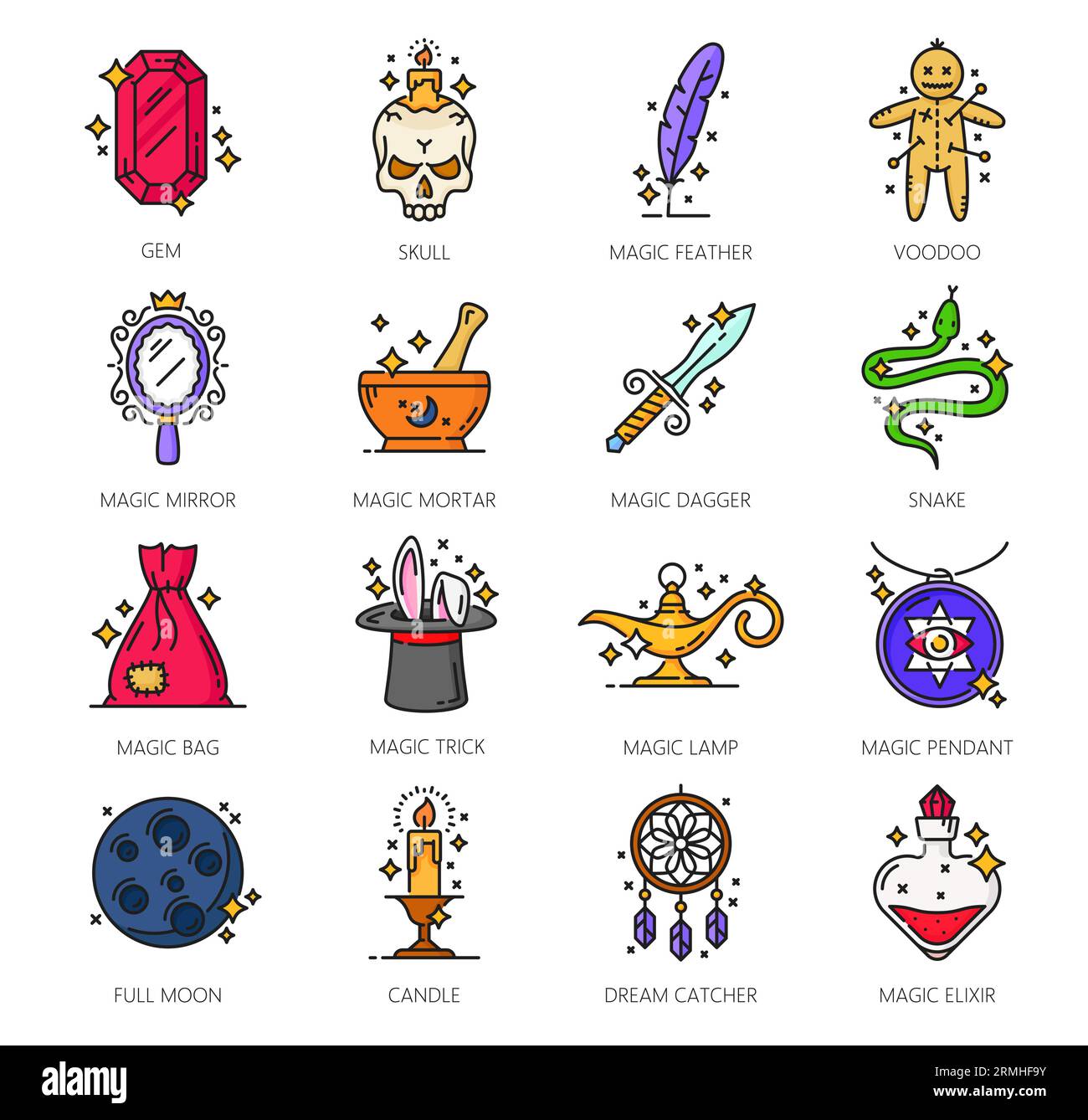 Color esoteric, witchcraft and magic icons. Mystery, astrology ...