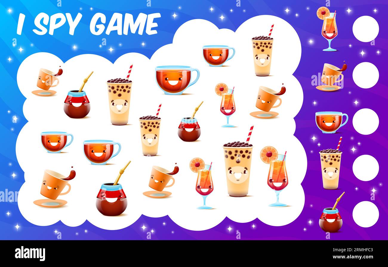 I spy game. Cartoon drink characters. Object finding quiz, calculation ...