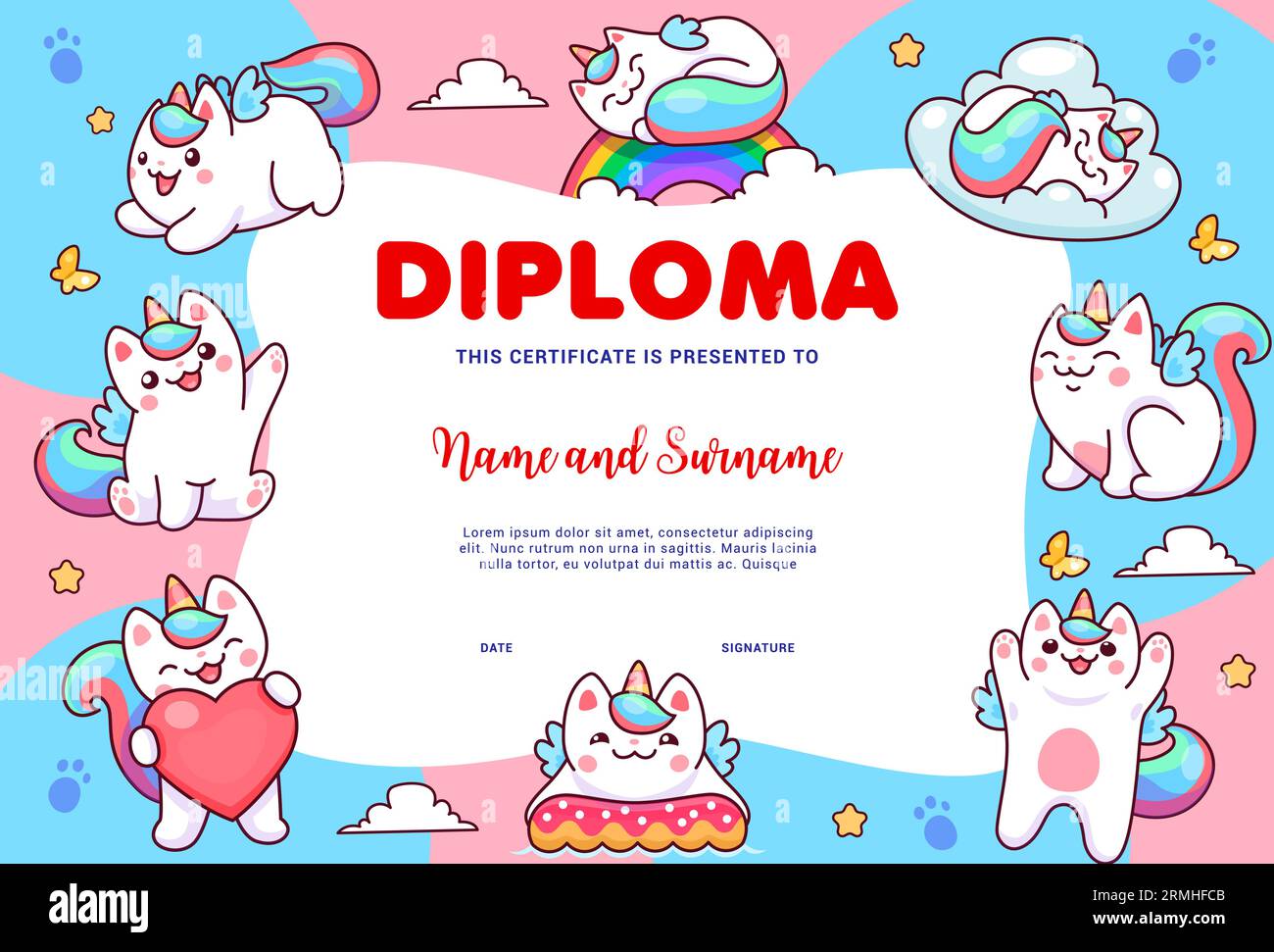 Kids diploma. Cartoon caticorn cats and kitten characters with rainbow ...