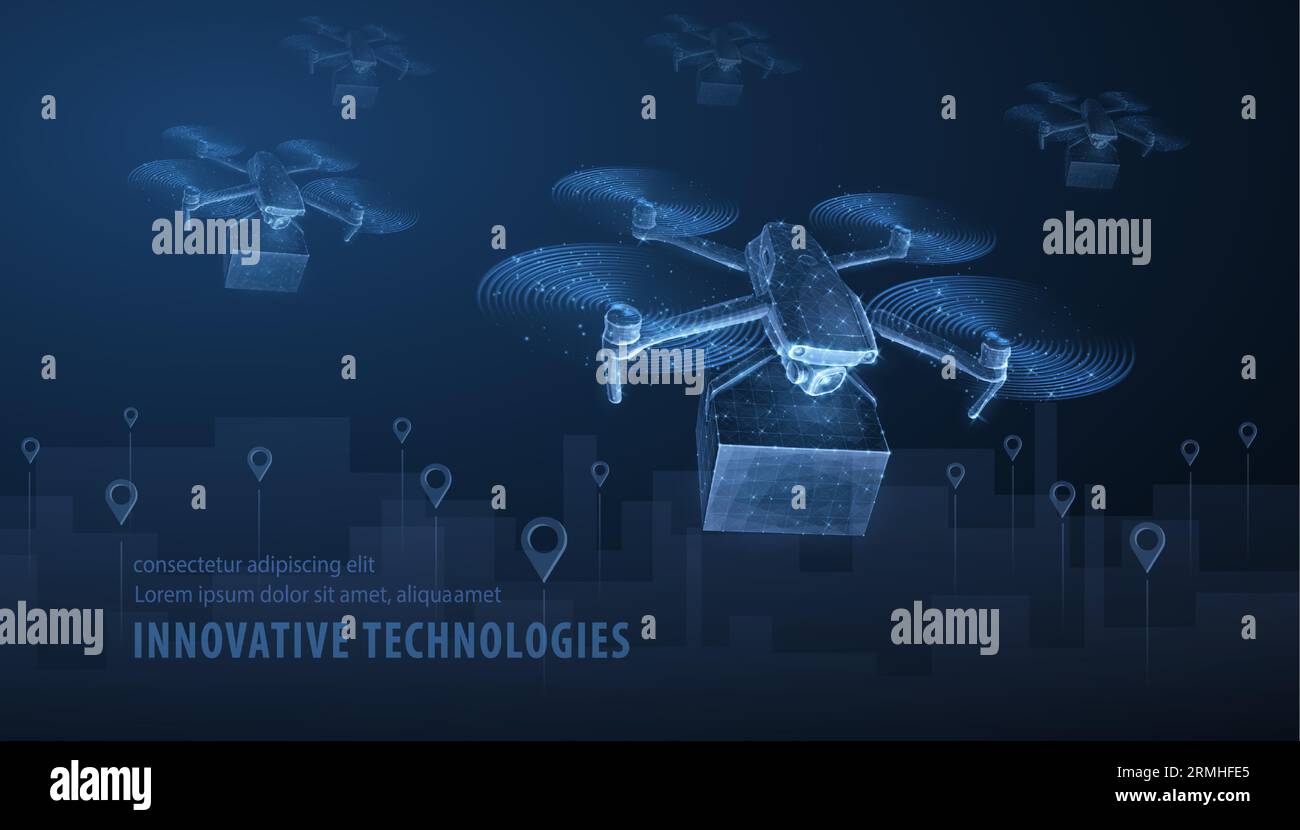 Drone. Low pole 3D drone on cityscape with pins. Futuristic box delivery, aerial technology ...