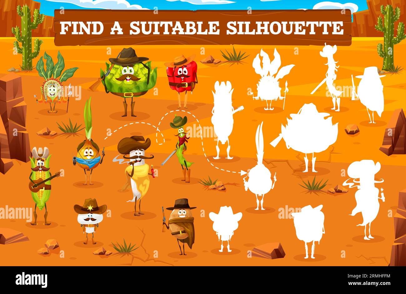 Find suitable silhouette of cartoon cowboy, sheriff, Indian and bandit ...