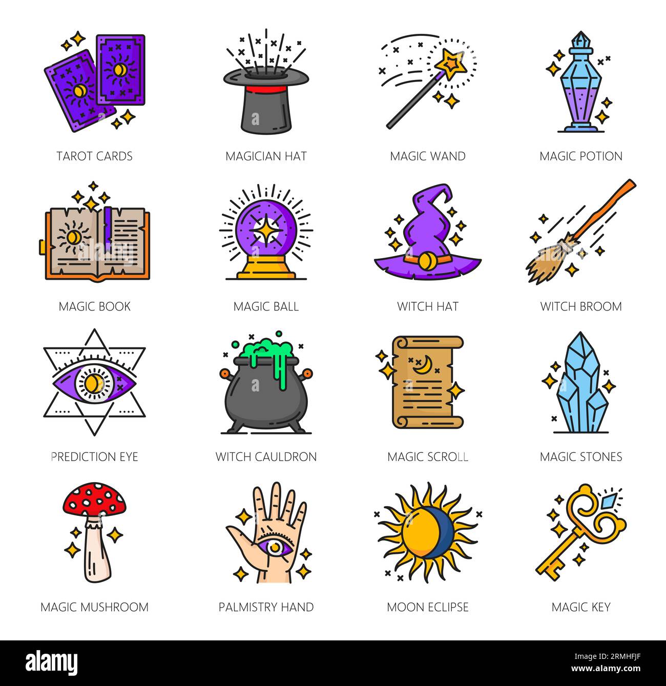 Color witchcraft magic icons. Esoteric, astrology, mystery symbols of ...