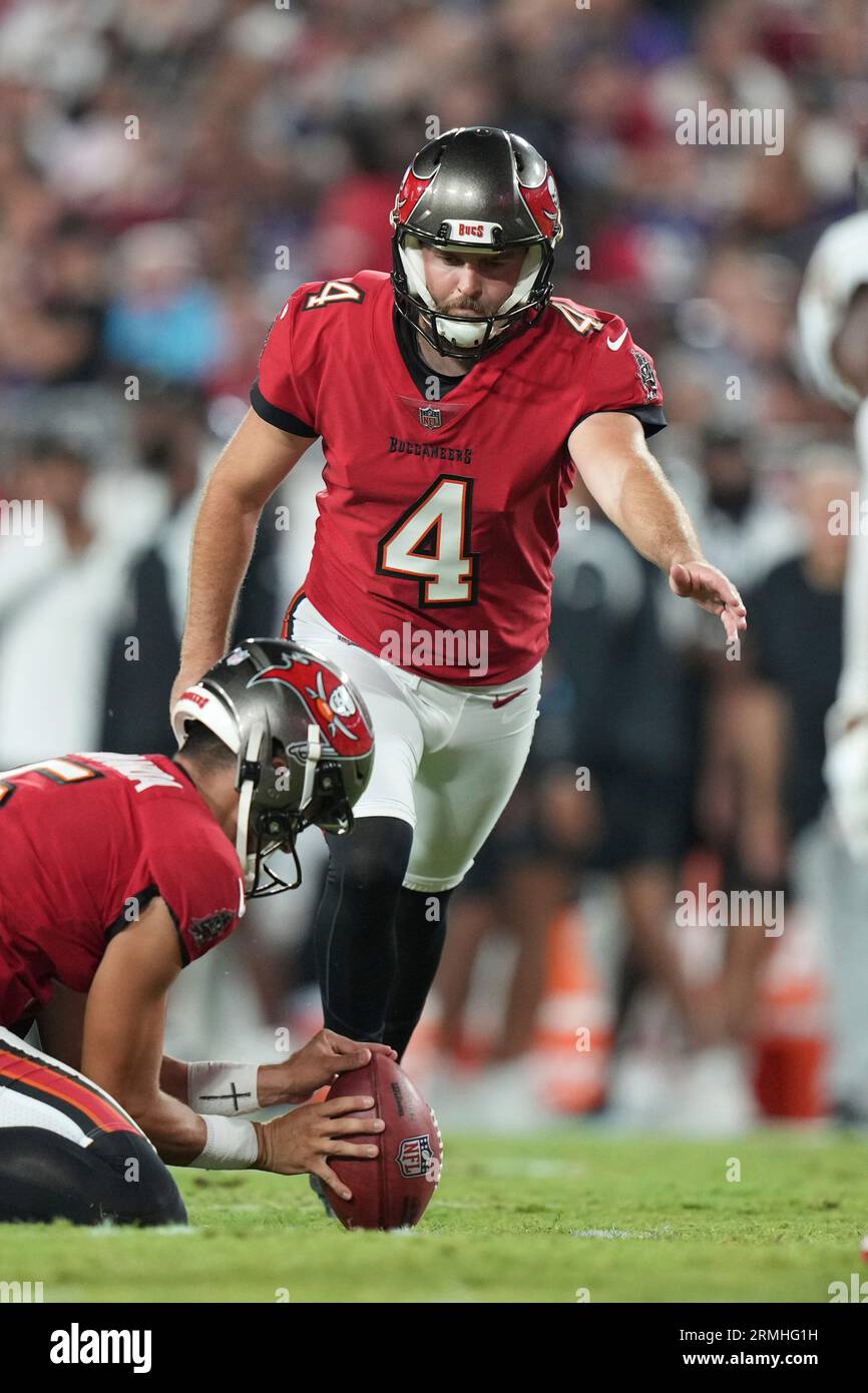 Tampa Bay Buccaneers place kicker Chase McLaughlin (4) prepares to make ...