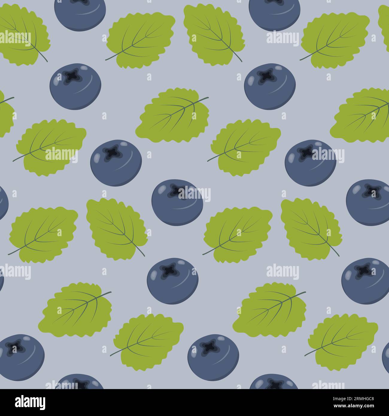 Endless pattern of a blueberry and green leaves in trendy shades ...