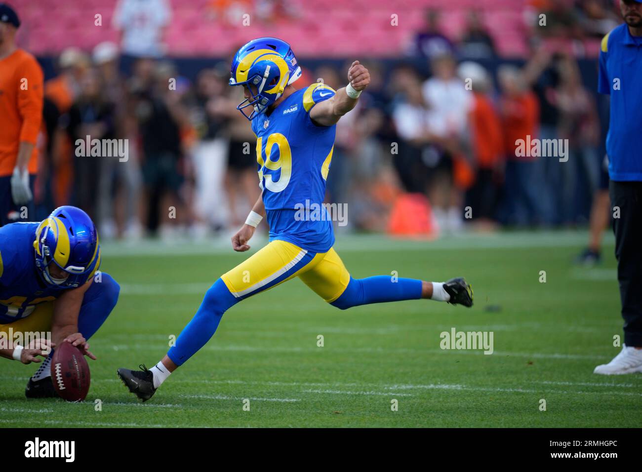 Los Angeles Rams place kicker Tanner Brown (49) warms up before an NFL ...